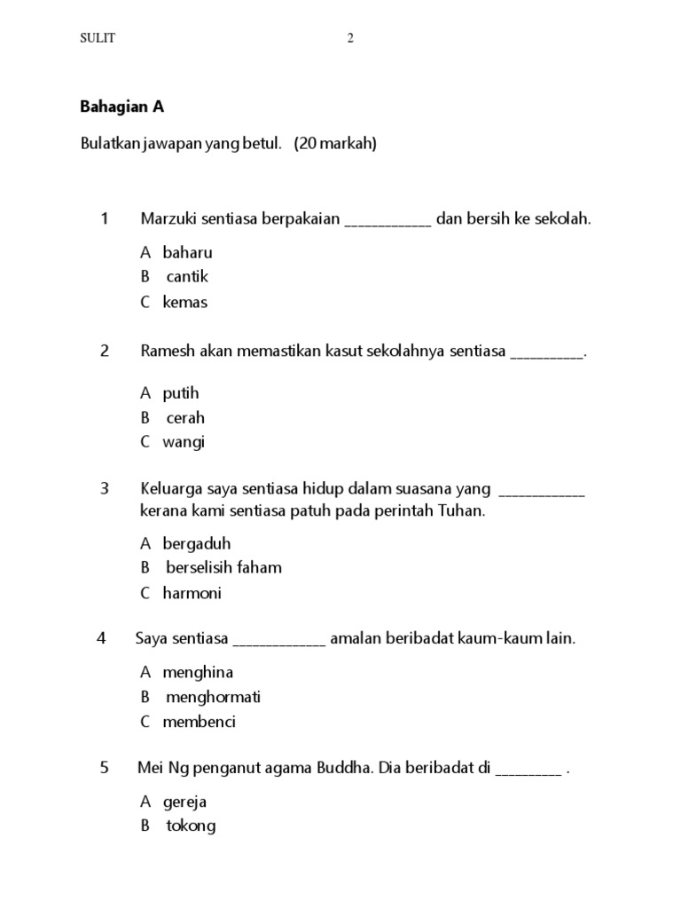 Latihan Pendidikan Moral Tahun 2 | PDF