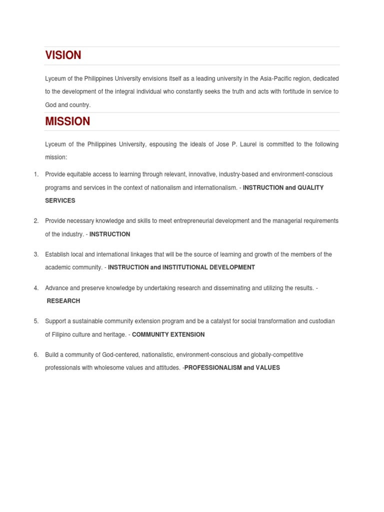 Lyceum University Vision and Mission Overview | PDF