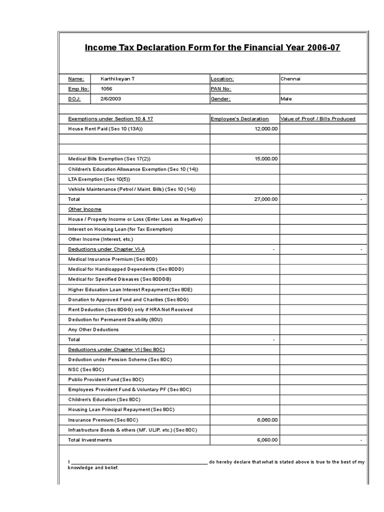 IT Declaration Form 2016-17 | PDF | Employee Benefits | Employment