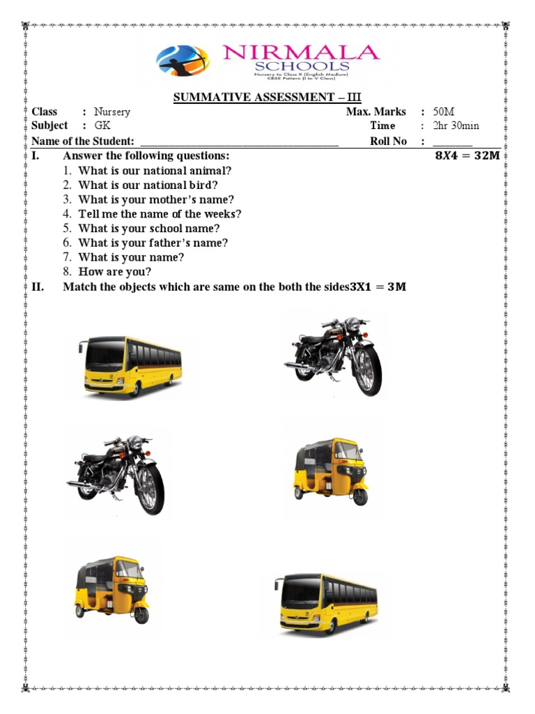 Nursery GK Paper - SA3 | PDF