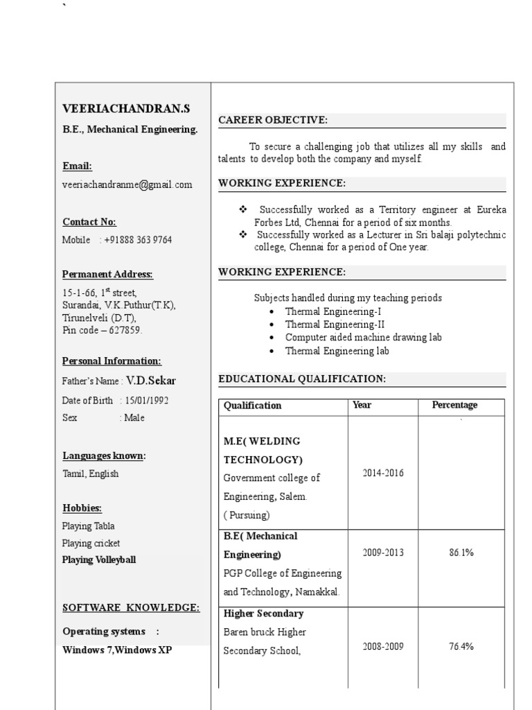 Chandran Resume-1 1 | PDF | Engineering | Mechanical Engineering