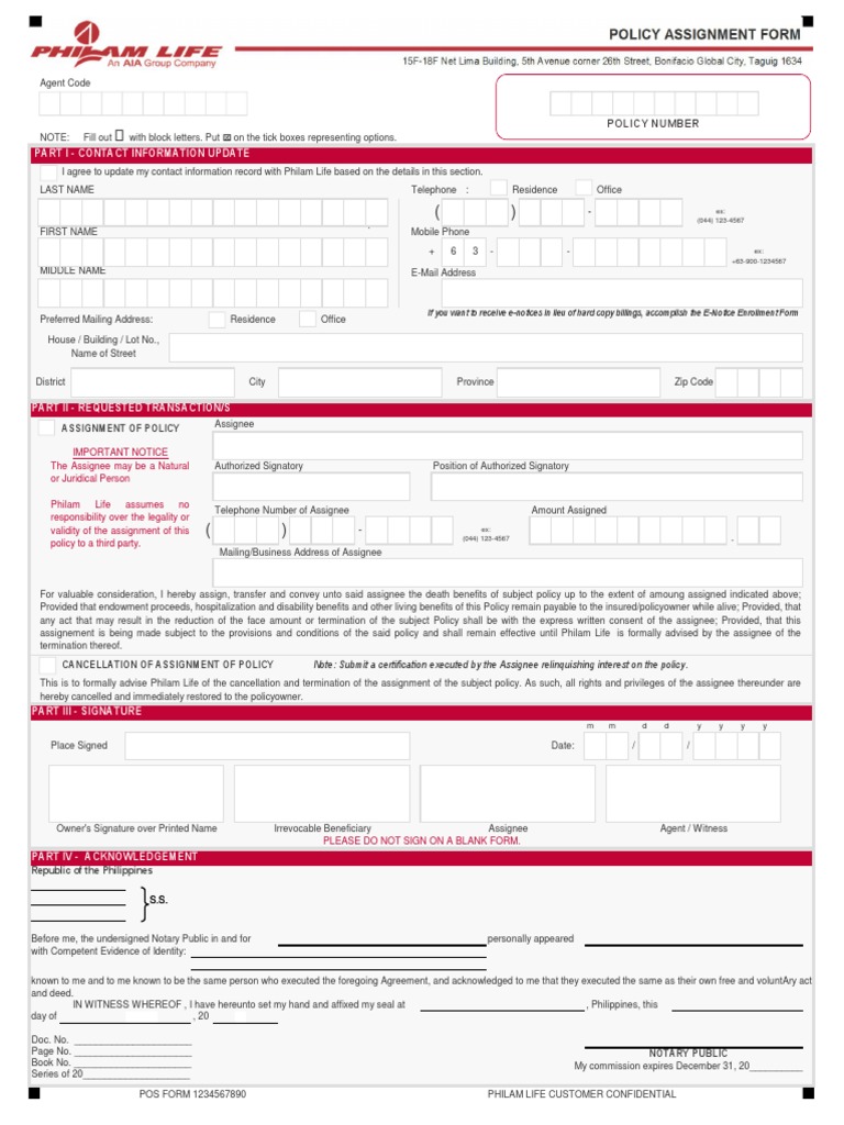 AIA Philam Life Policy Assignment Form | PDF | Assignment (Law ...