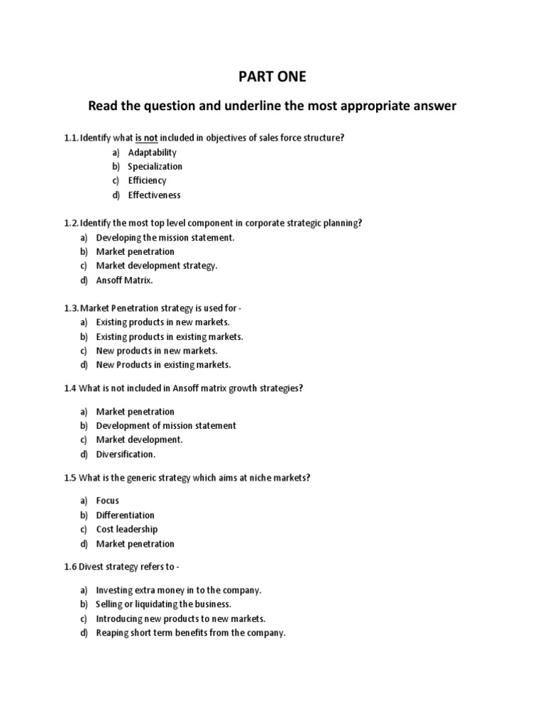 Part One: Read The Question and Underline The Most Appropriate Answer ...