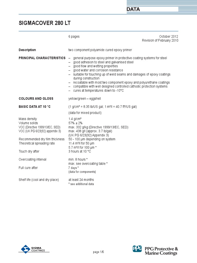 Sigmacover 280 LT: Description Principal Characteristics | PDF | Epoxy ...