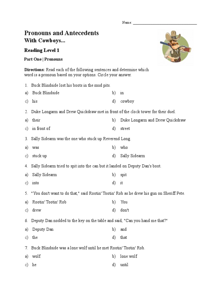 Pronouns and Antecedents Worksheet Reading Level 01 | PDF