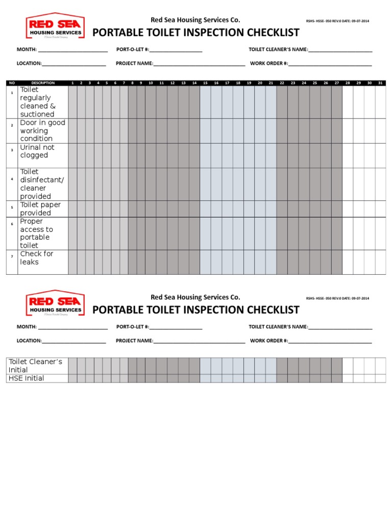 Portable Toilet Inspection Checklist: Red Sea Housing Services Co | PDF ...