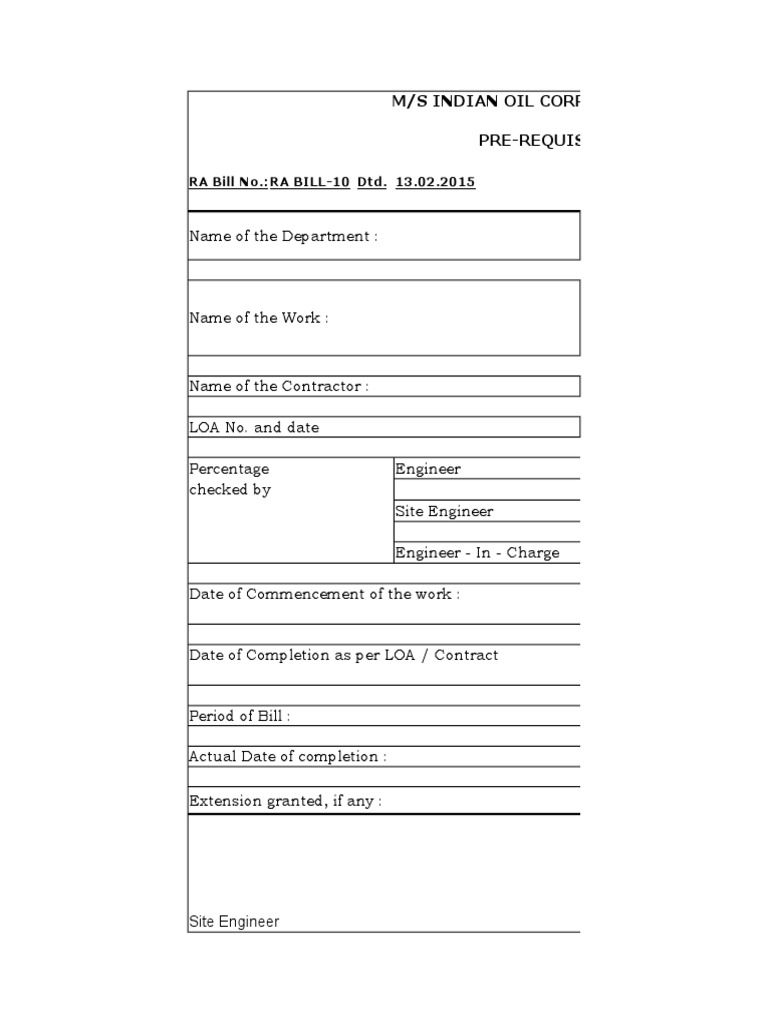 M/S Indian Oil Corporation Limited Pre-Requisite Slip: RA Bill No.: Dtd ...