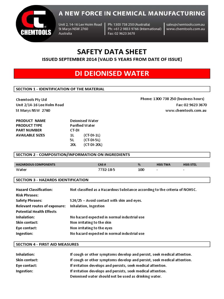 Safety Data Sheet: Di Deionised Water | PDF | Dangerous Goods | Water