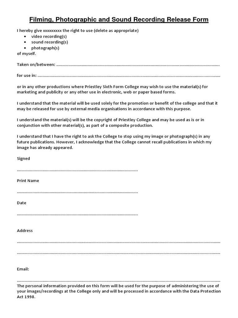 Filming, Photographic and Sound Recording Release Form | PDF | Sound ...