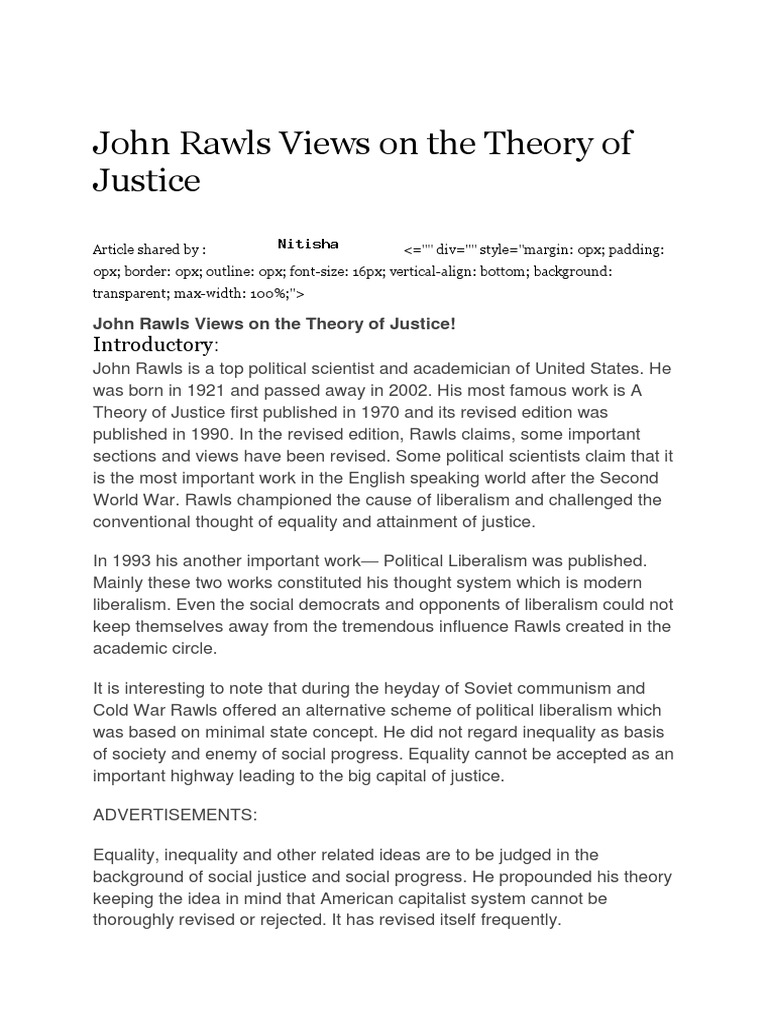 John Rawls Views On The Theory of Justice: Introductory | PDF | John ...