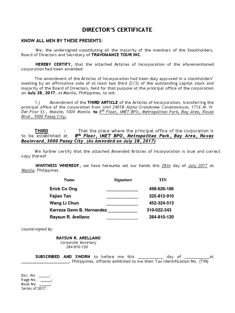 Director'S Certificate: Know All Men by These Presents | PDF