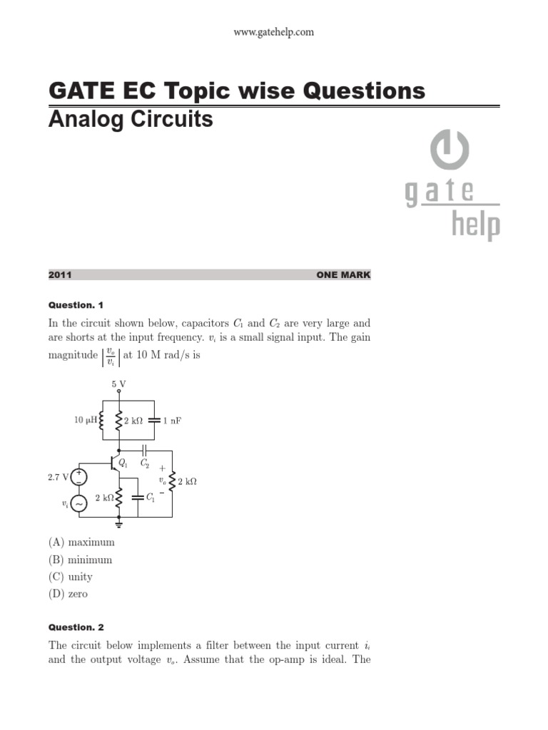 Analog Circuits: GATE EC Topic Wise Questions | PDF | Amplifier ...