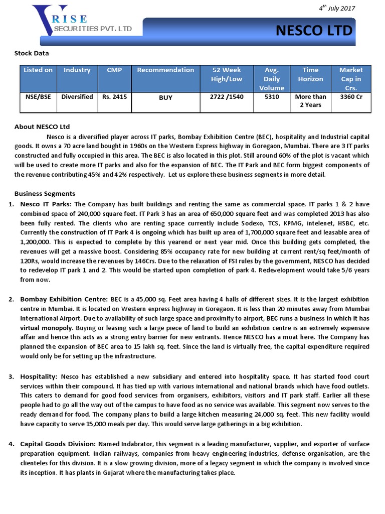 Company Analysis - NESCO LTD | PDF | Margin (Finance) | Valuation (Finance)