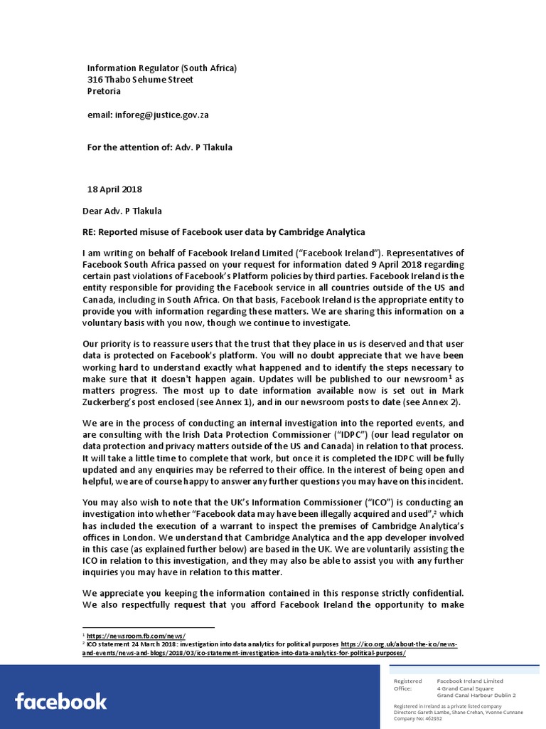 Letter to RSA Information Regulator | Facebook | Mobile App