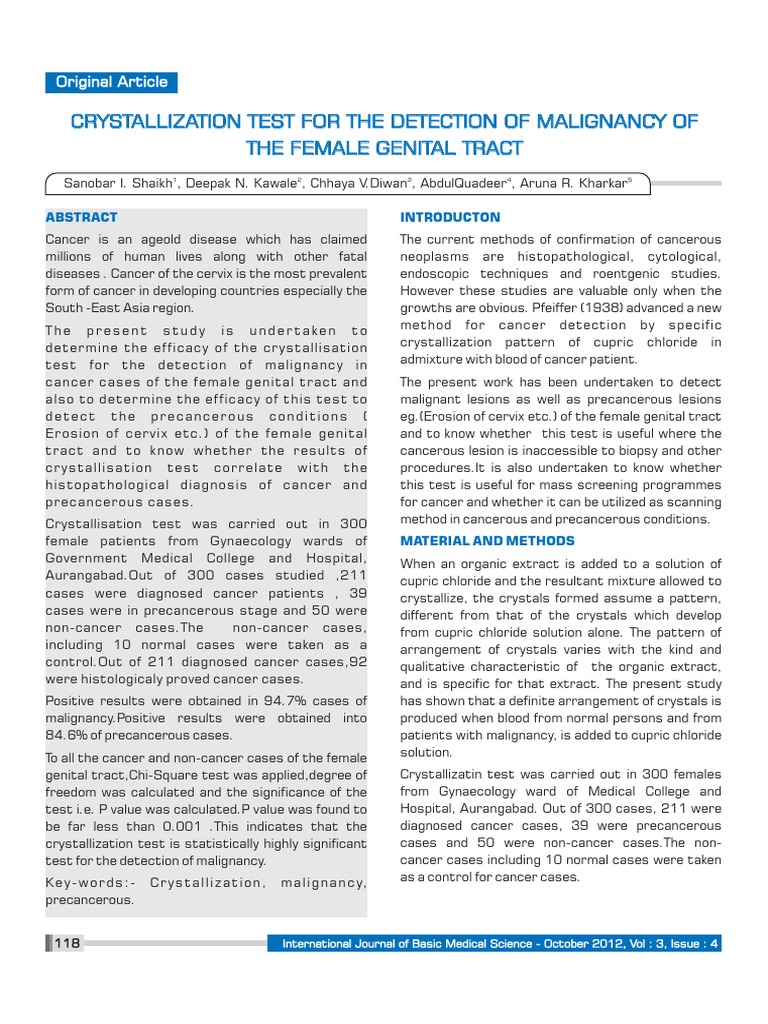 Crystallization Test For The Detection of Malignancy of The Female ...