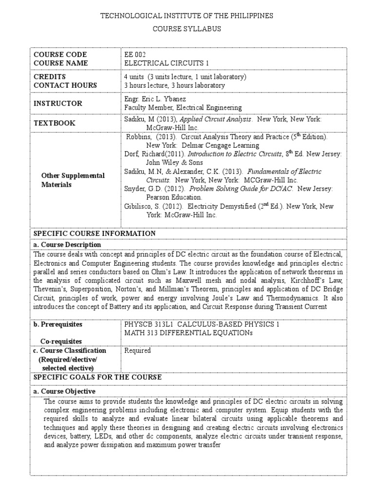 Electrical Circuits 1 Syllabus Pdf Electrical Network Electricity