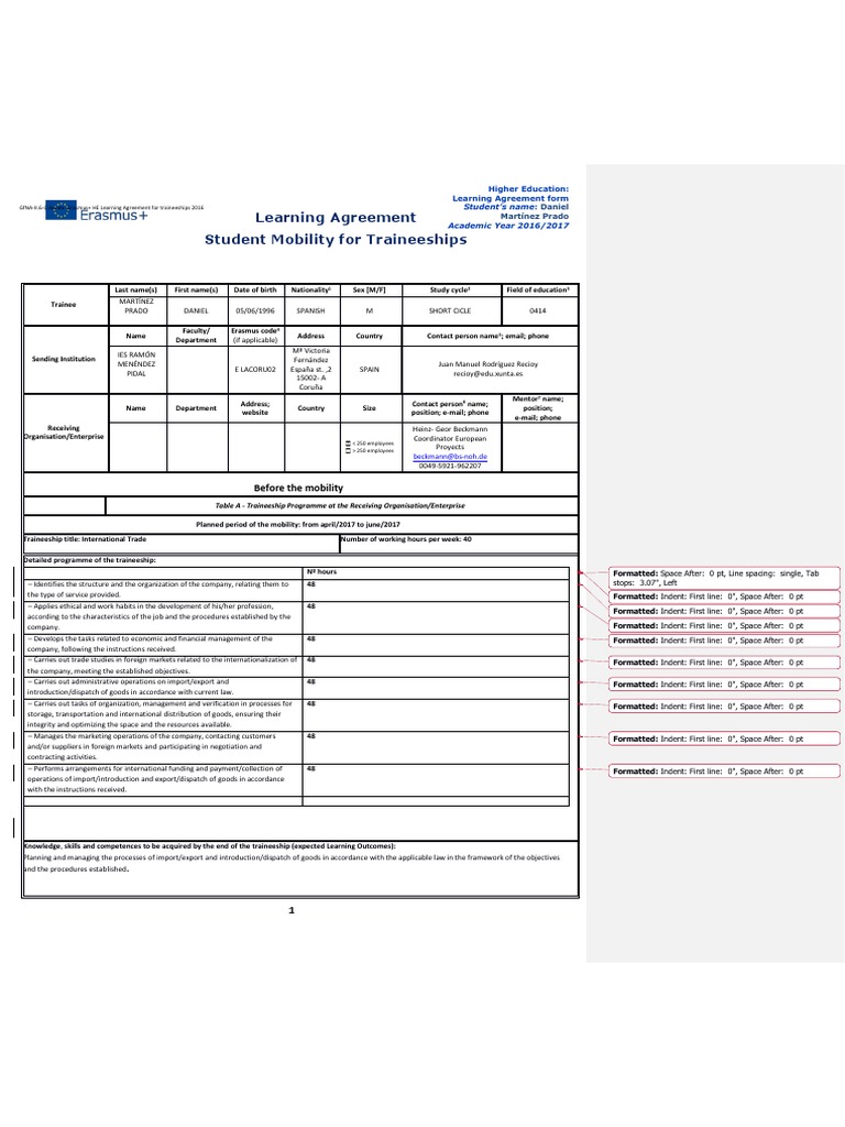 Learning Agreement Traineeships HE 2016 en DMP | PDF | Academic Degree ...