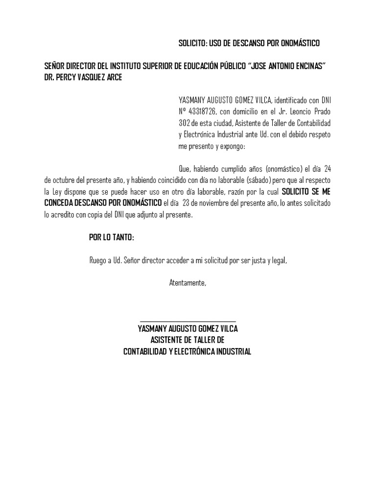 SOLICITO Permiso Por Onomastico | PDF