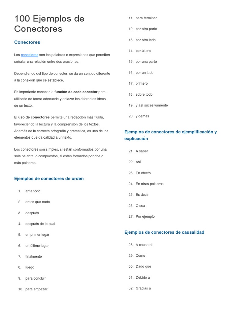20 Ejemplos De Conectores – Conectores Discursivos En Español – KTHUV