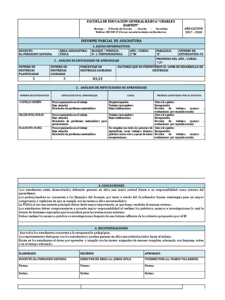 Modelo Informe Parcial de Asignatura (1).doc | Maestros | Prueba (evaluación)