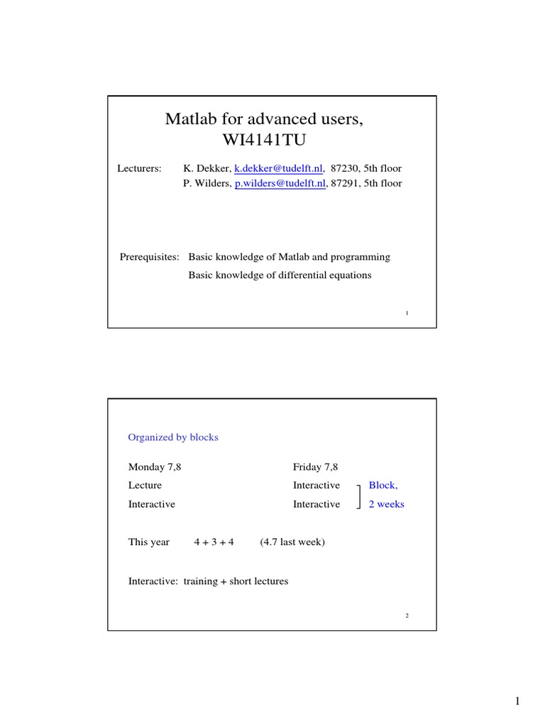 Matlab For Advanced Users, WI4141TU: K.dekker@tudelft - NL P.wilders@tudelft - NL | PDF | Matlab ...