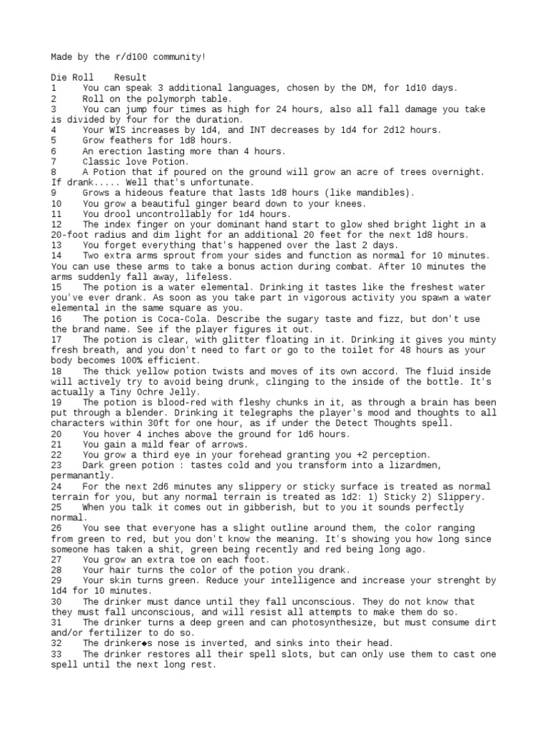 D100 Random Potion Effects Table | PDF | Alcoholic Drinks | Beverages