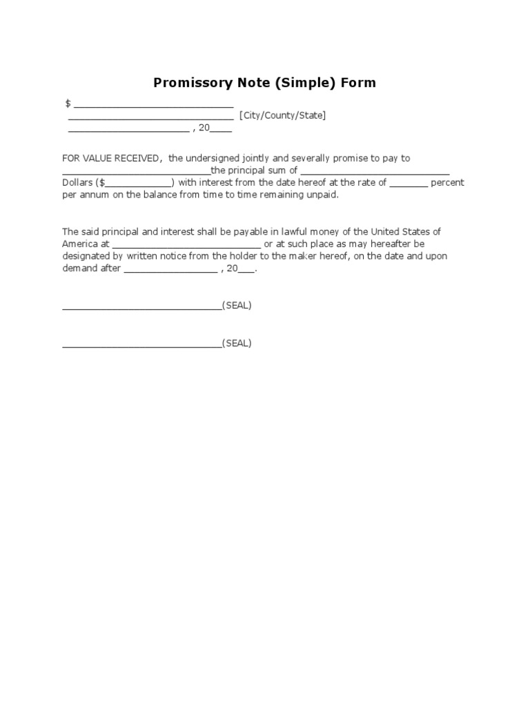 Promissory Note Simple Form | PDF