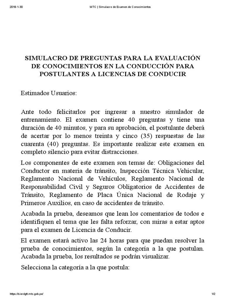 Simulacro de Examen MTC para Licencias | PDF