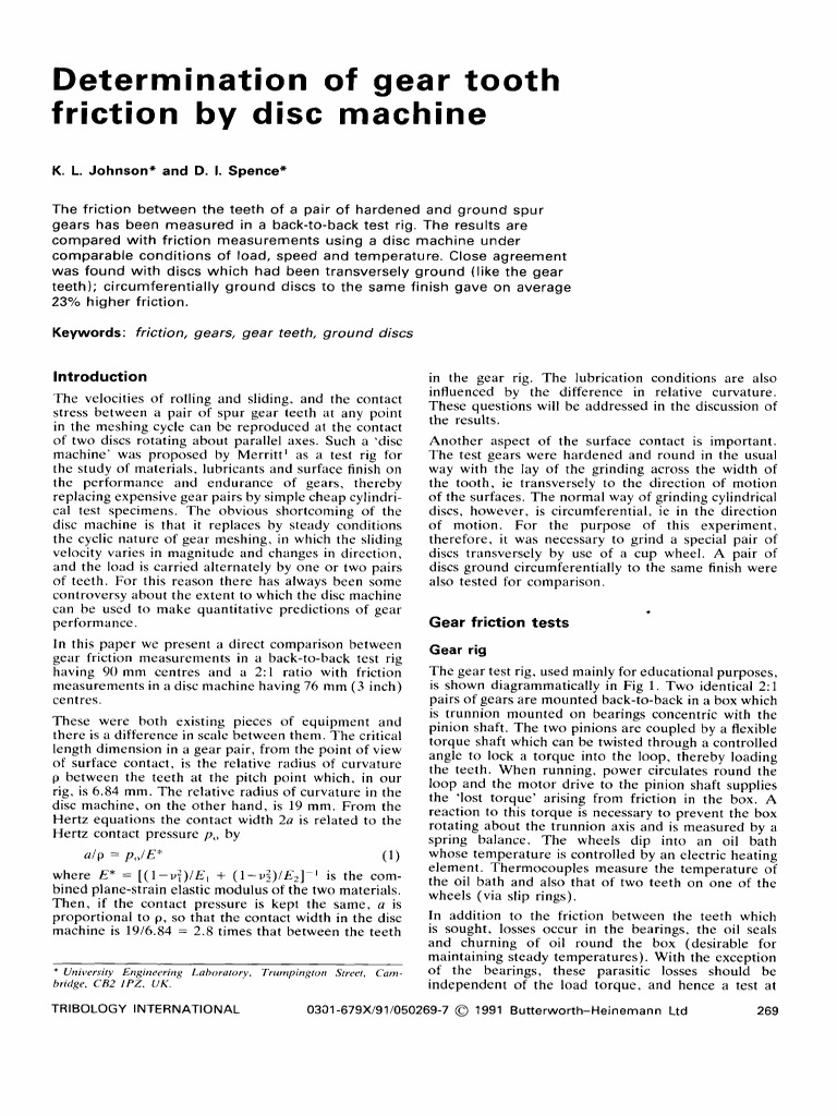 Determination of Gear Tooth Friction by Disc Machine: K. L. Johnson and ...