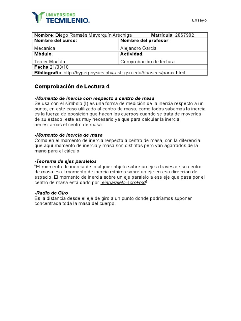 Comprobación de Lectura 4 Mecanica | PDF | Inercia | Masa