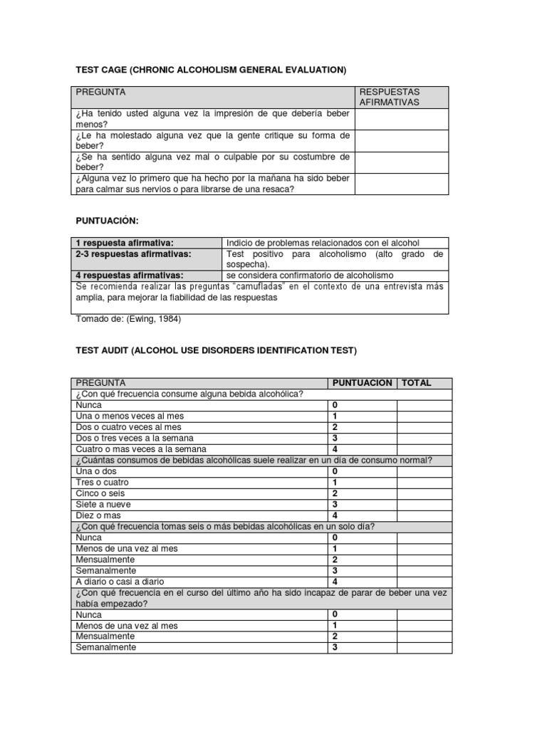 Test CAGE y AUDIT para Alcoholismo | PDF | Salud y bienestar | Medicina