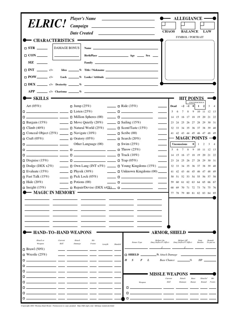 Elric! - Character Sheet - Front PDF | PDF | Leisure