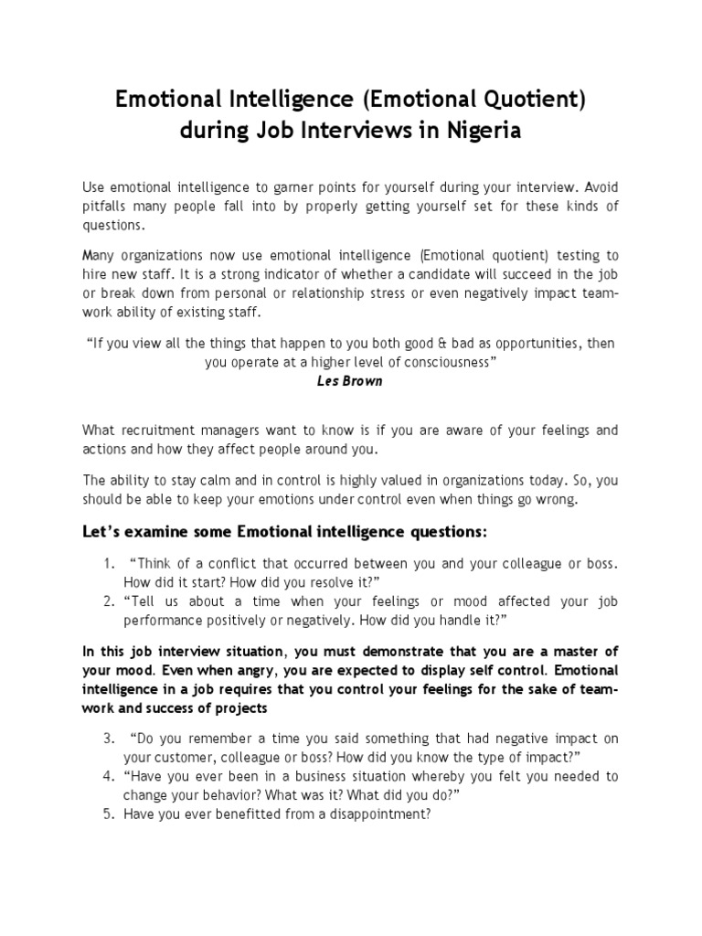 Emotional Intelligence Questions in Nigerian Job Interviews | PDF ...