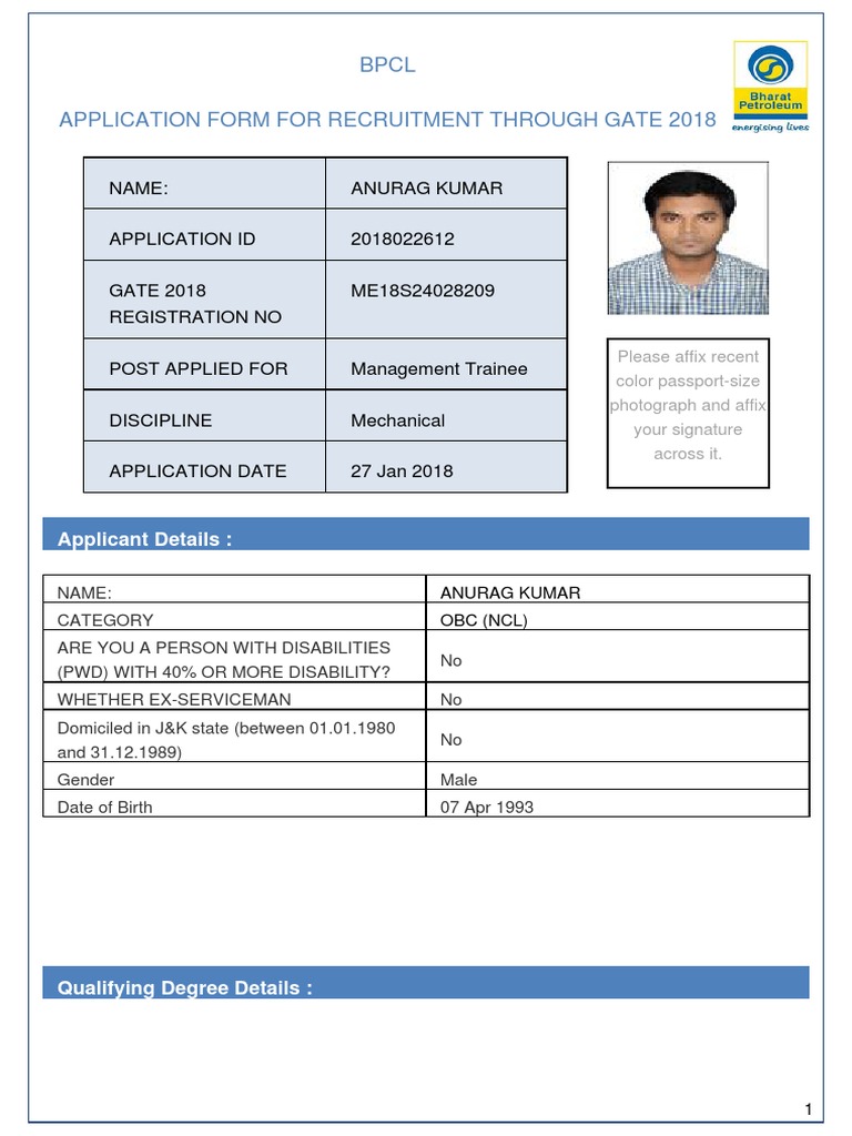 BPCL Application Form For Recruitment Through Gate 2018: Name: Anurag Kumar | PDF