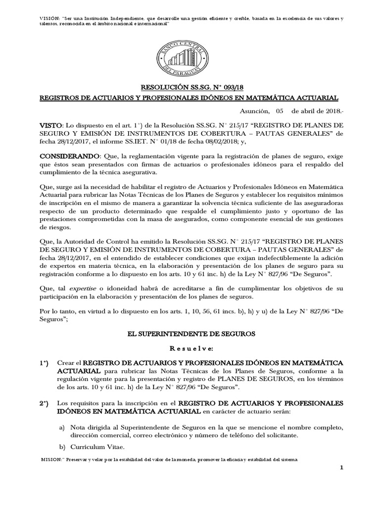 2018 04 05 Res SSSGN 093 18 Registro Actuarios Profesionales Idoneos en Matematica Actuarial ...