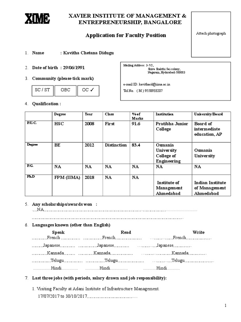 Proforma For Faculty Position | PDF | Behavior Modification | Academia