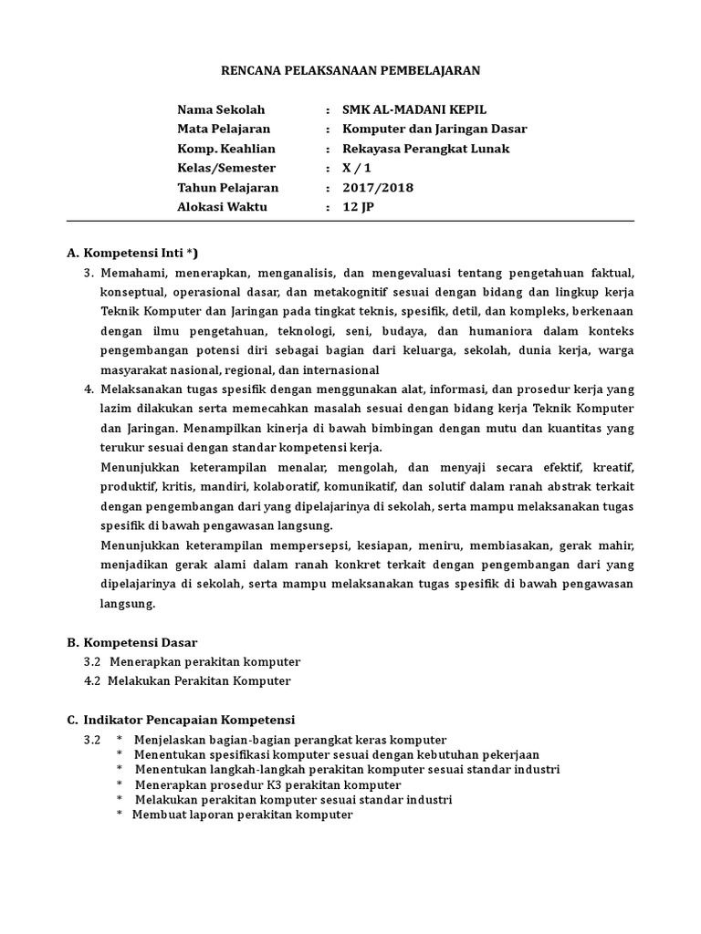 RPP Komputer Dan Jaringan Kelas X SMK KD 3.2 - Merakit Komputer | PDF