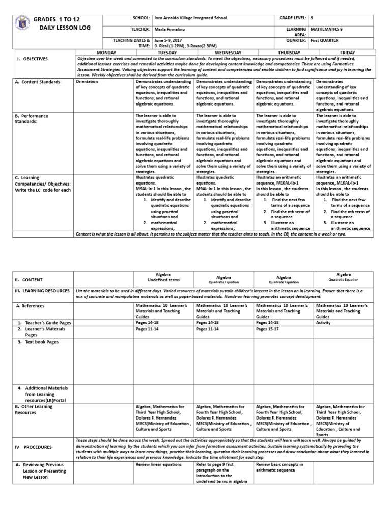 DLL - Math 9 - Q1 - W1.1 | PDF | Algebra | Learning