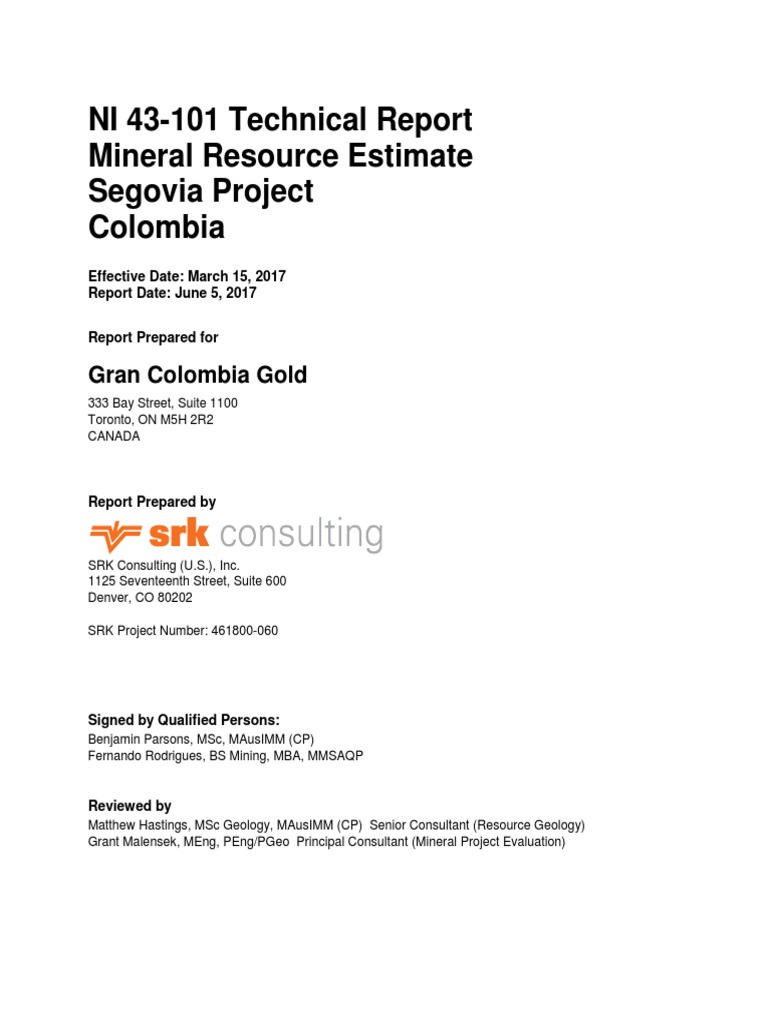 NI 43-101 Technical Report - Mineral Resource Estimate - Segovia Project - Colombia | PDF ...