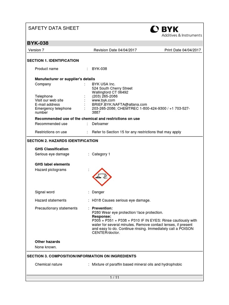 Safety Data Sheet for BYK-038 Defoamer | PDF | Toxicity | Firefighting