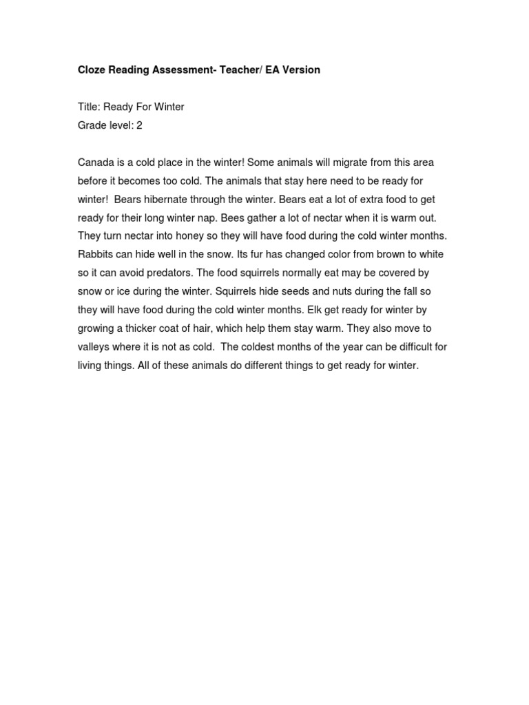 Cloze Reading Assessment-Teacher/ EA Version | PDF