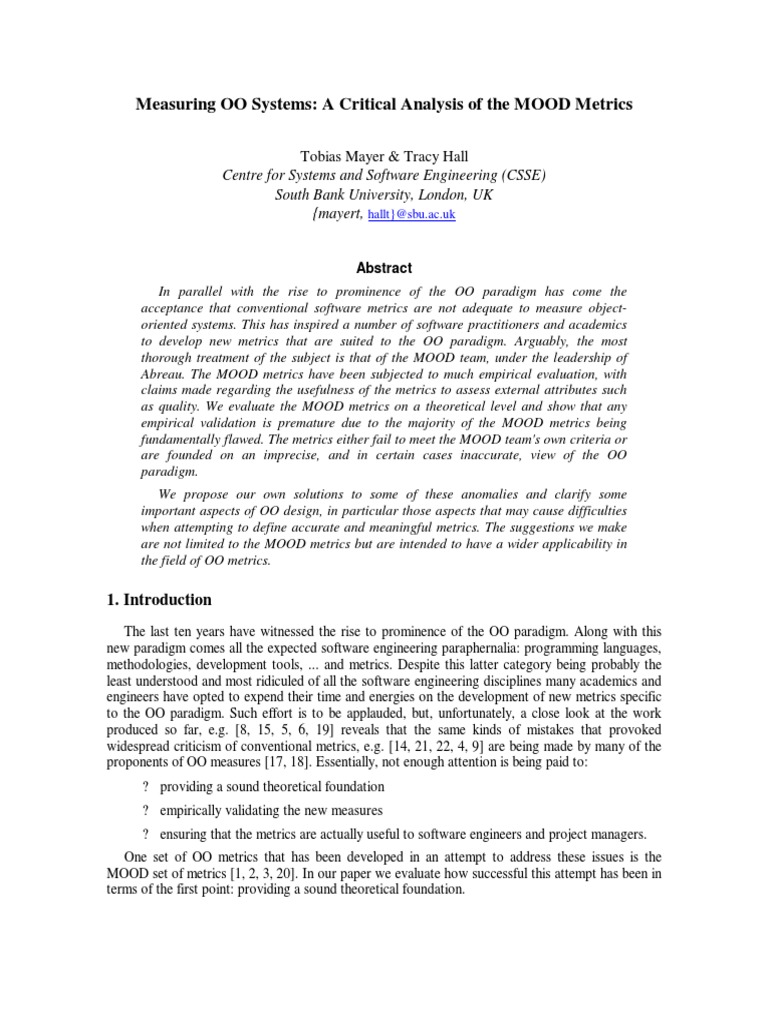 Measuring OO Systems: A Critical Analysis of The MOOD Metrics | PDF | Method (Computer ...