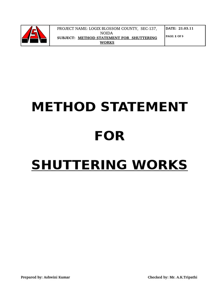 Subject: Method Statement For Shuttering Works | PDF | Concrete | Building Engineering