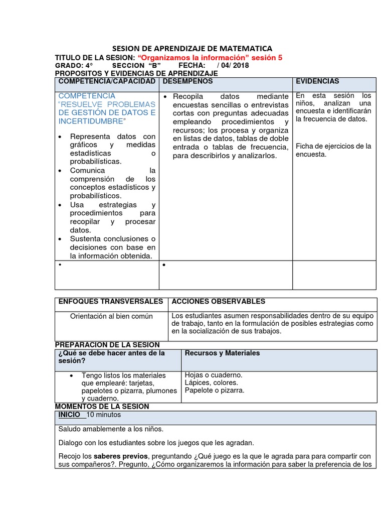 Sesion de Aprendizaje de Matematica. 5 y 6 | Aprendizaje | Información