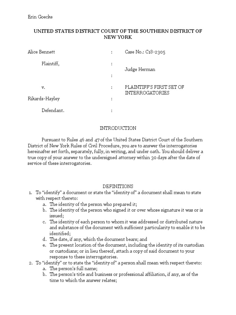 Plaintiffs First Set of Interrogatories | PDF | Interrogatories ...