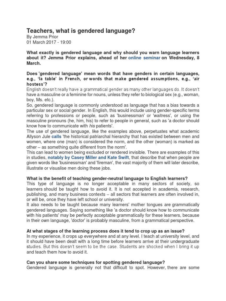 Teachers, What Is Gendered Language?: by Jemma Prior 01 March 2017 - 19 ... Teachers, What Is Gendered Language?: by Jemma Prior 01 March 2017 - 19 ...