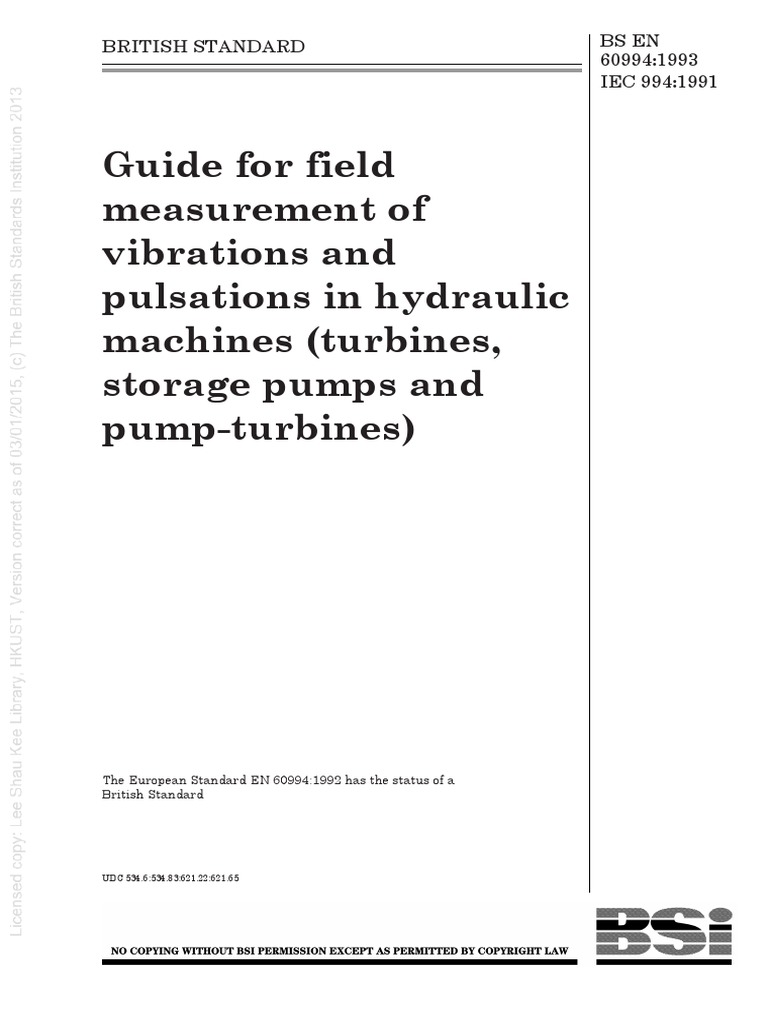 (BS en 60994-1993) - Guide For Field Measurement of Vibrations and Pulsations in Hydraulic ...