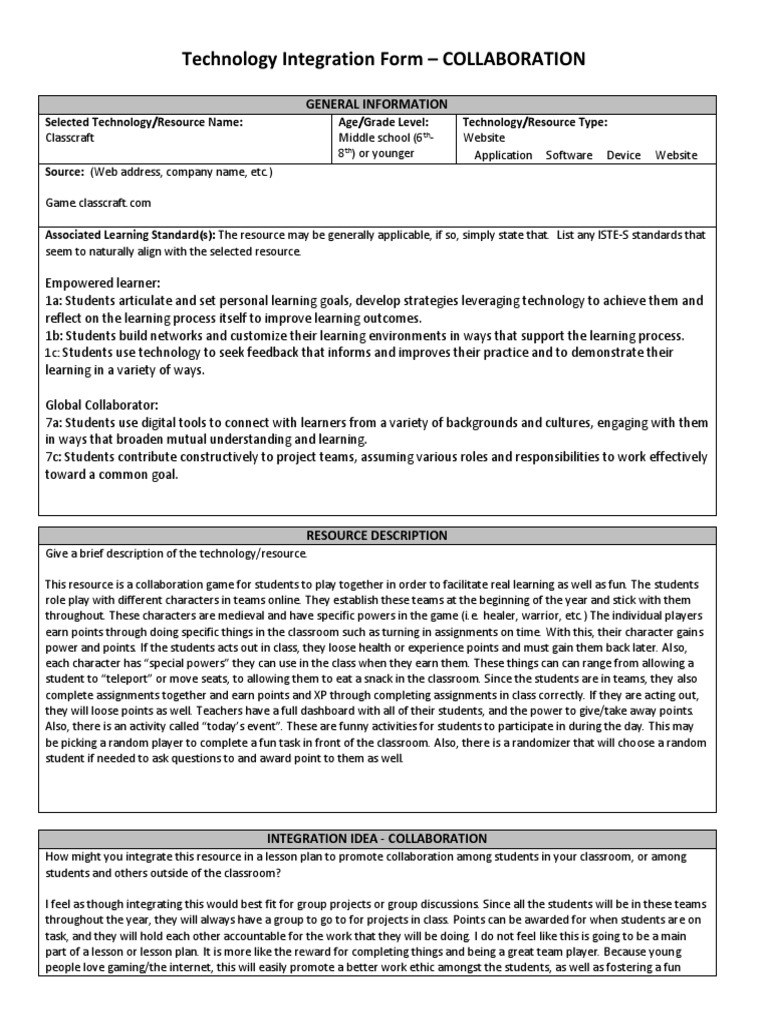 1technology Integration Template-Collaboration | PDF | Teaching | Learning
