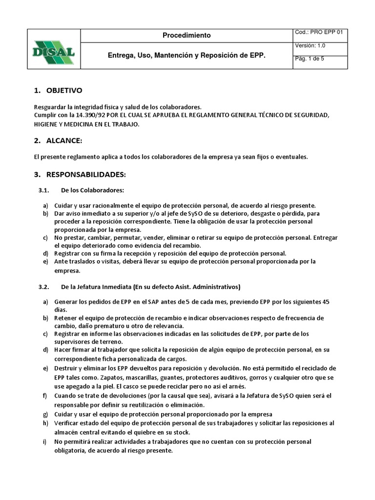 013 - PRO EPP 01 Procedimiento de Entrega, Uso, Mantencion y Reposicion de EPP | PDF | Salud y ...