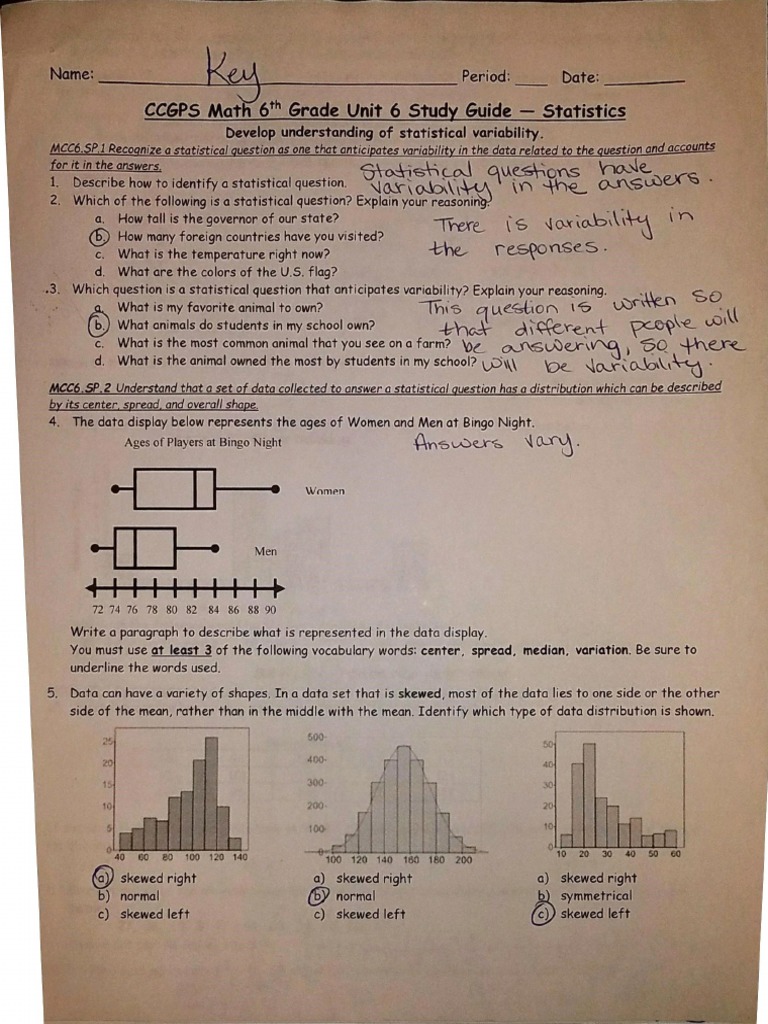 Unit 6 Study Guide Answer Key | PDF | Mode (Statistics) | Histogram